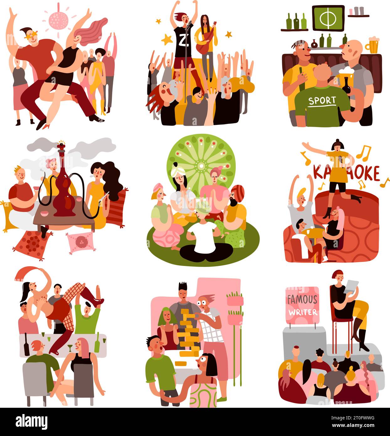 Club party set with dancing games and karaoke symbols flat isolated ...