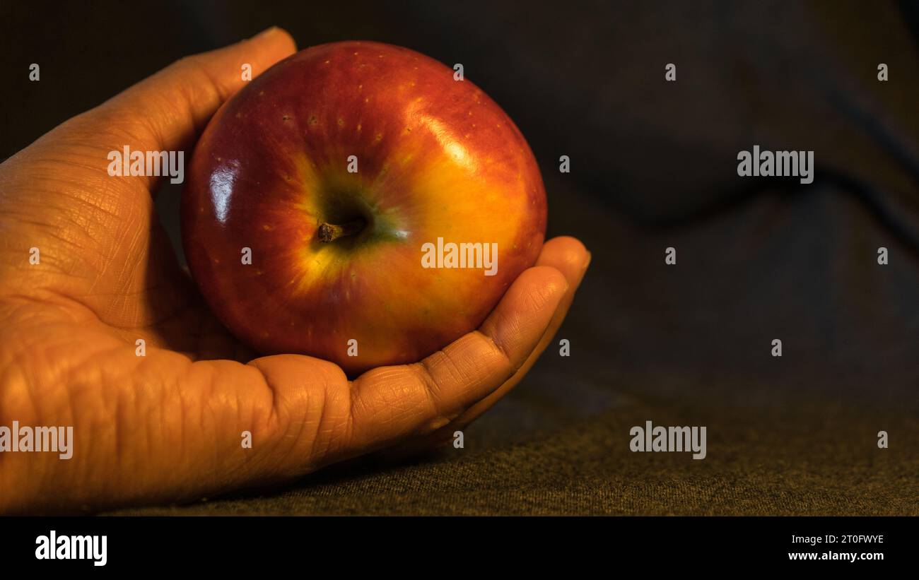 A crisp apple, a symbol of good health and wellness, set against a grey ...