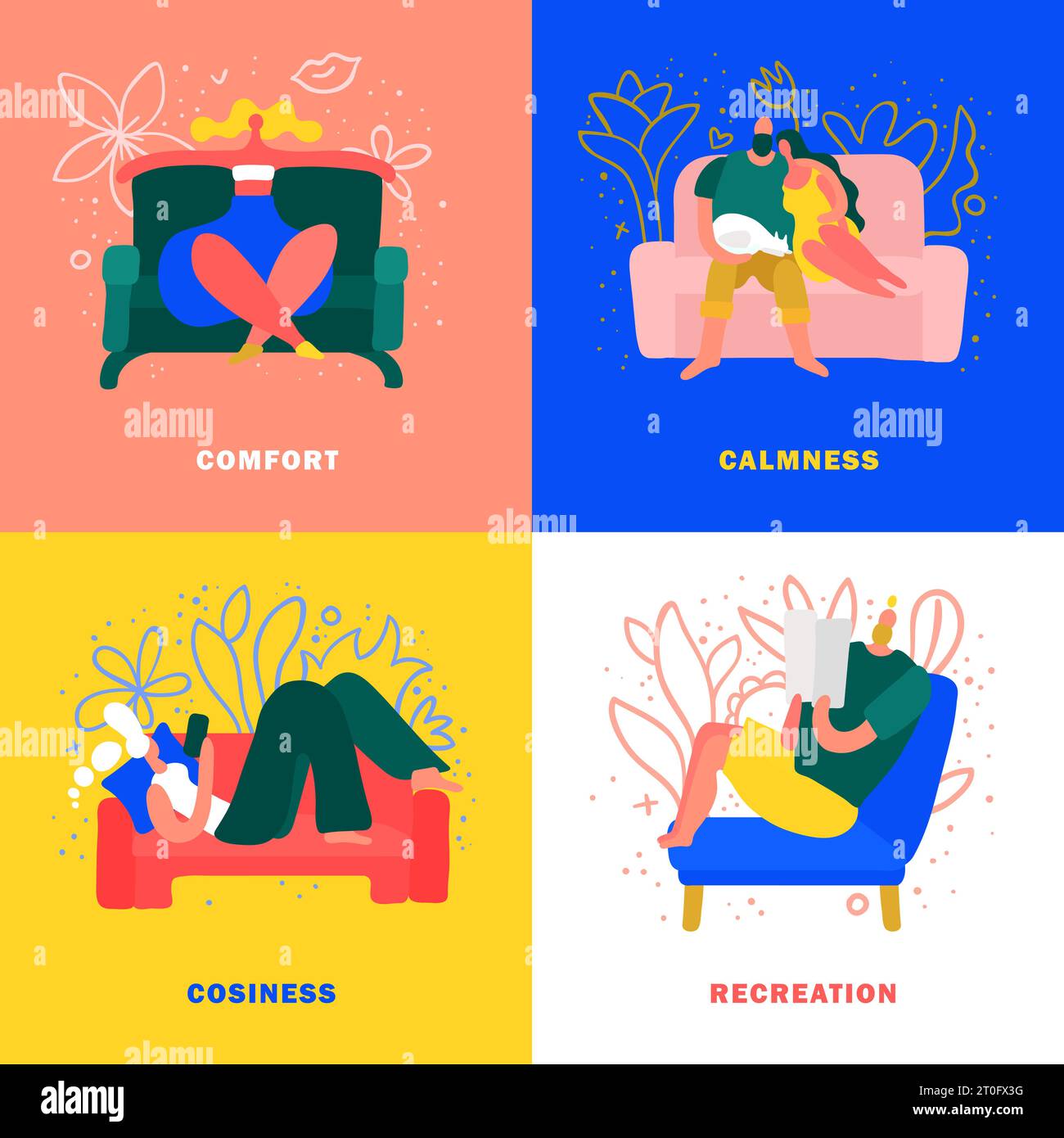 Rest on comfortable furniture at cosy home 2x2 design concept isolated ...