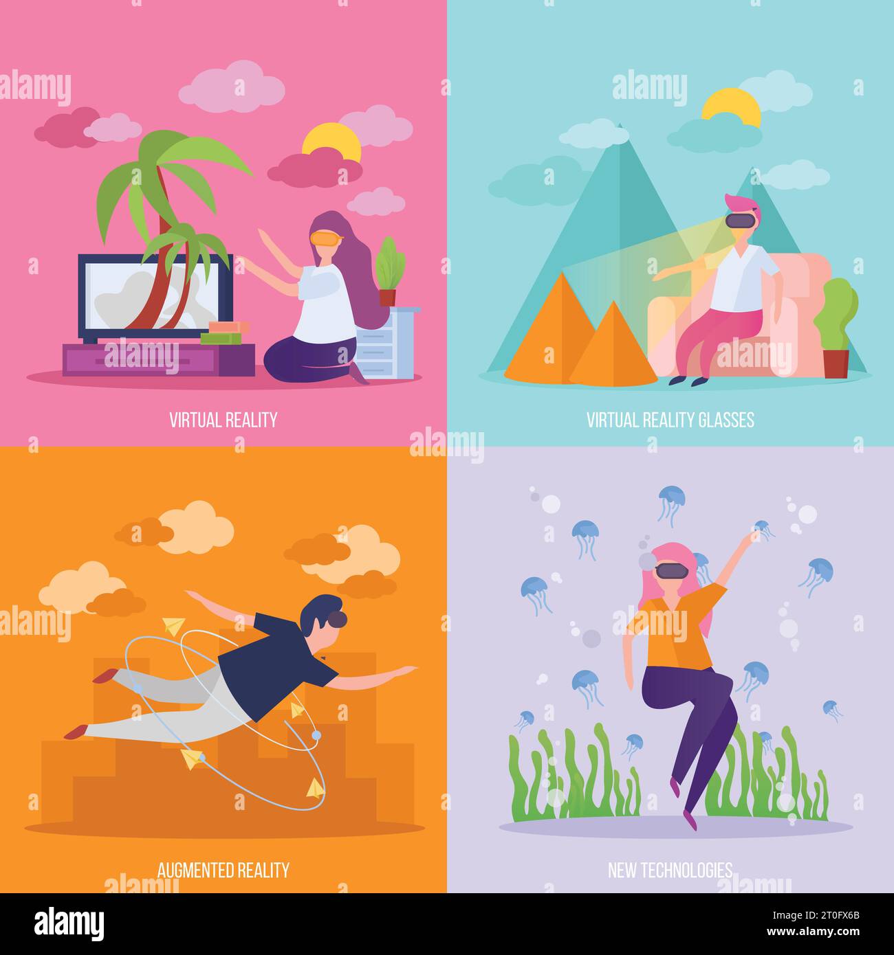 Virtual reality concept 4 orthogonal icons with vr glasses travel ...