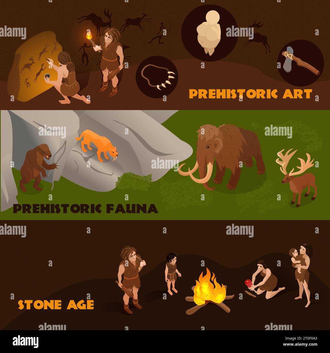 Horizontal isometric banners set with prehistoric fauna primitive ...