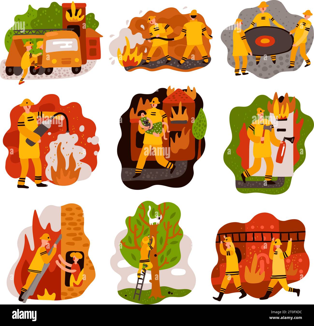 Fire fighting set of flat compositions rescue of survivors team work ...