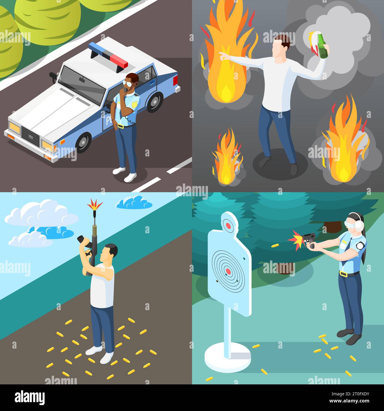 Gangs and police 2x2 design concept set of protester with molotov ...