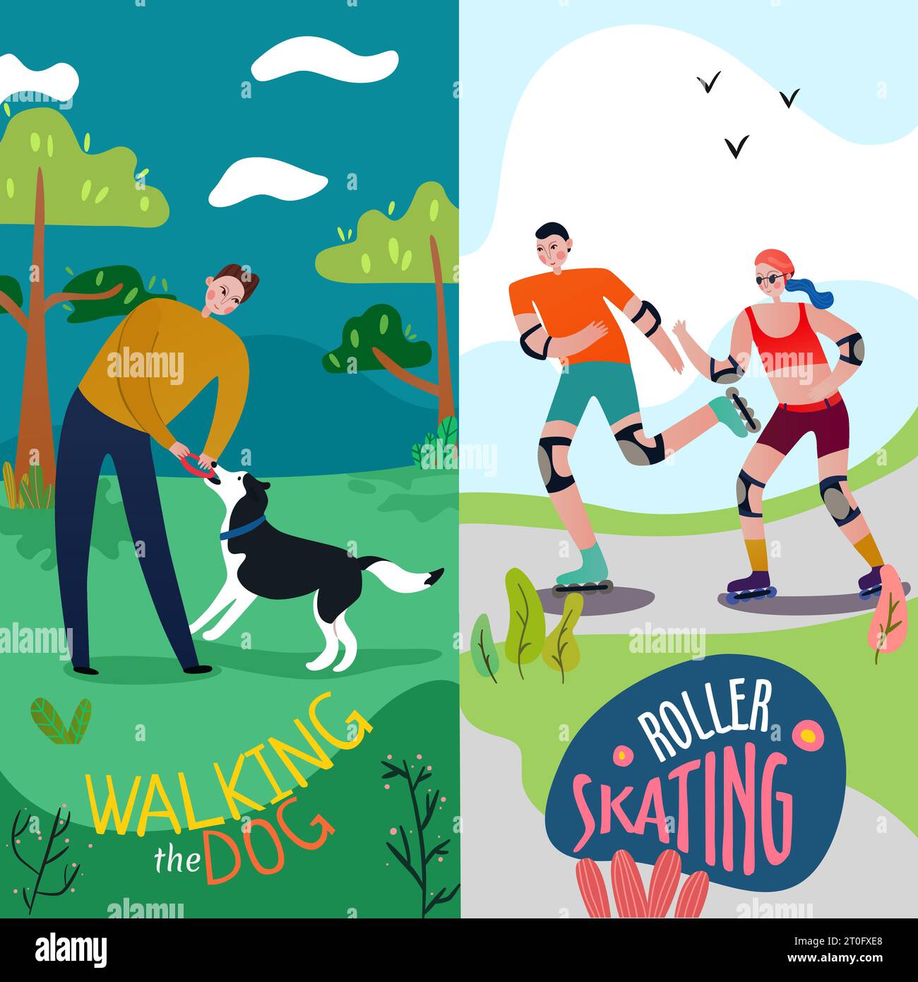 Park rest vertical banners set with walking the dog symbols flat ...