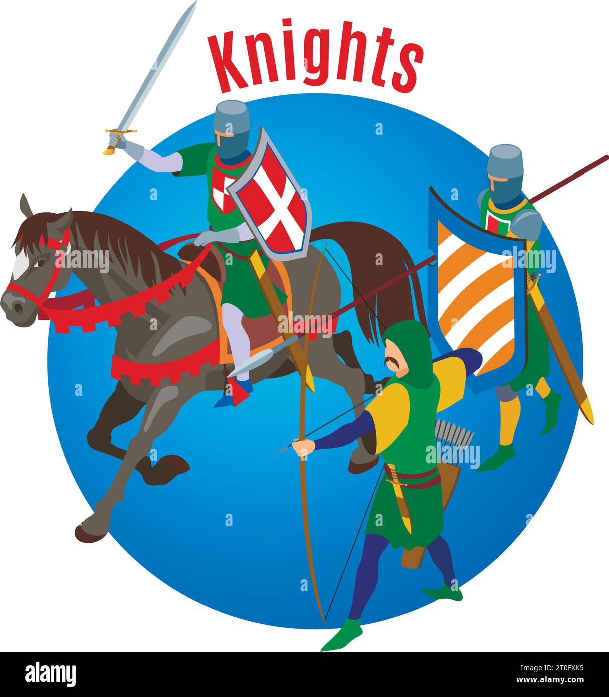 Medieval isometric background with round composition horse and three ...