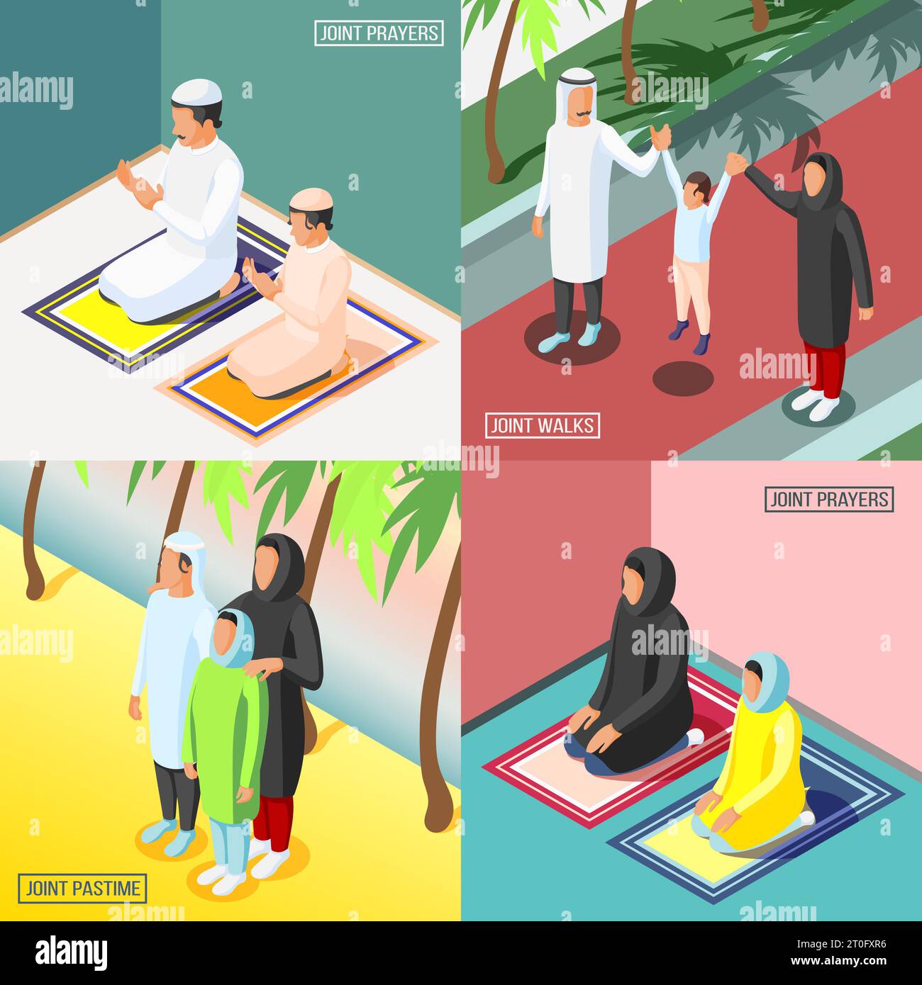 Praying and walking arabic families with their children 2x2 isometric ...