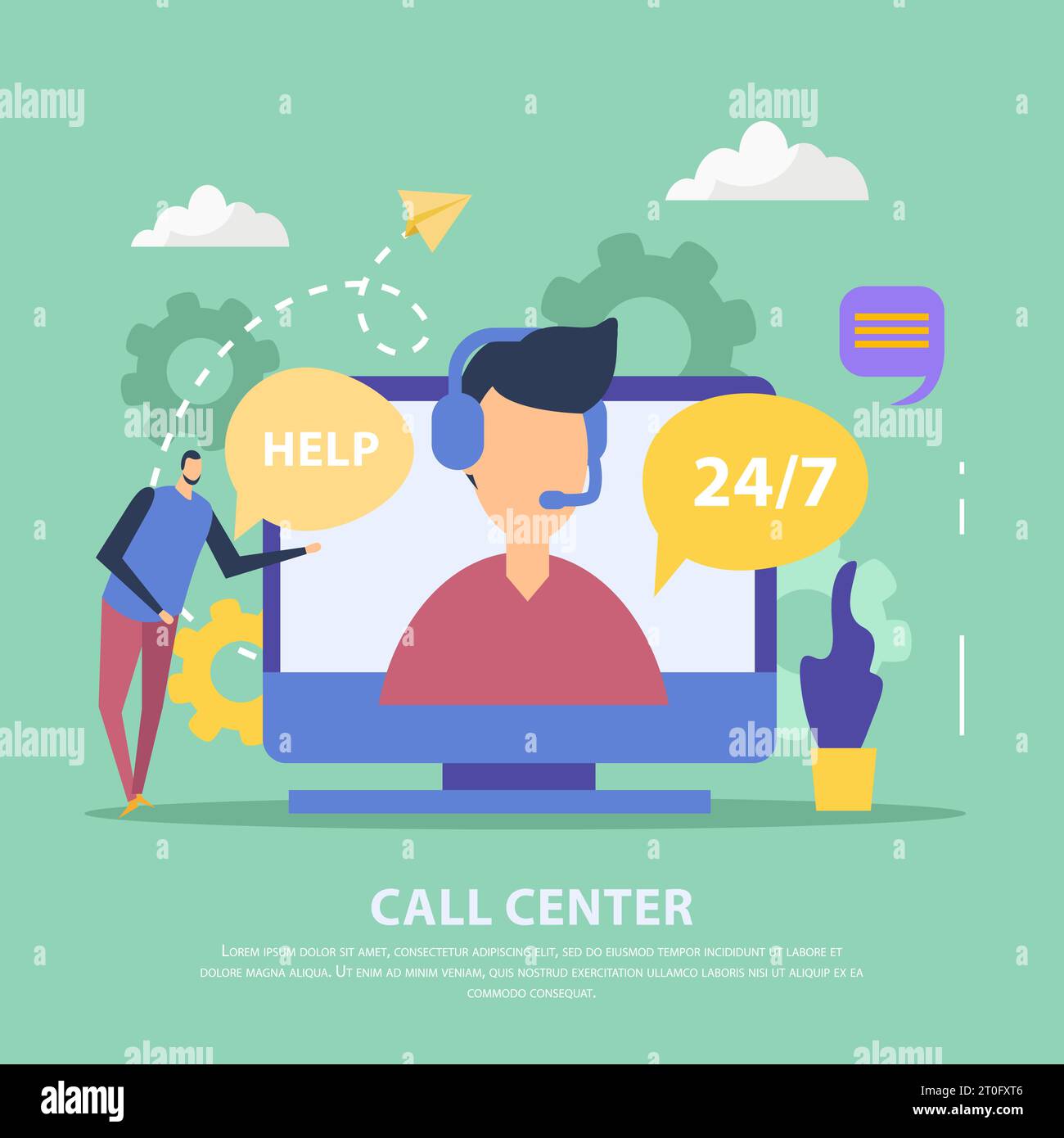 Operator of call center for client support in headset on computer ...