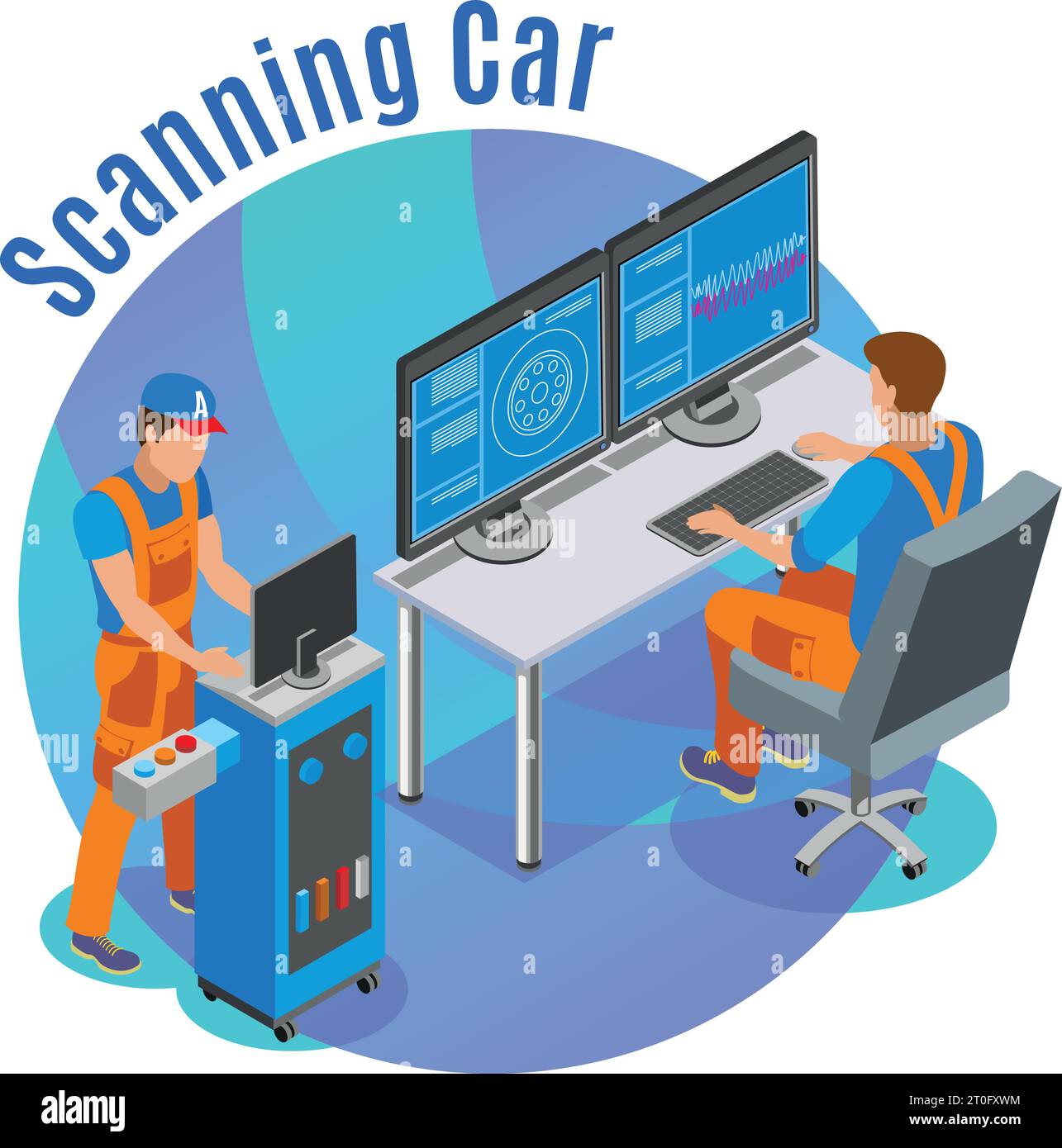 Auto scanning background with car service symbols isometric vector ...