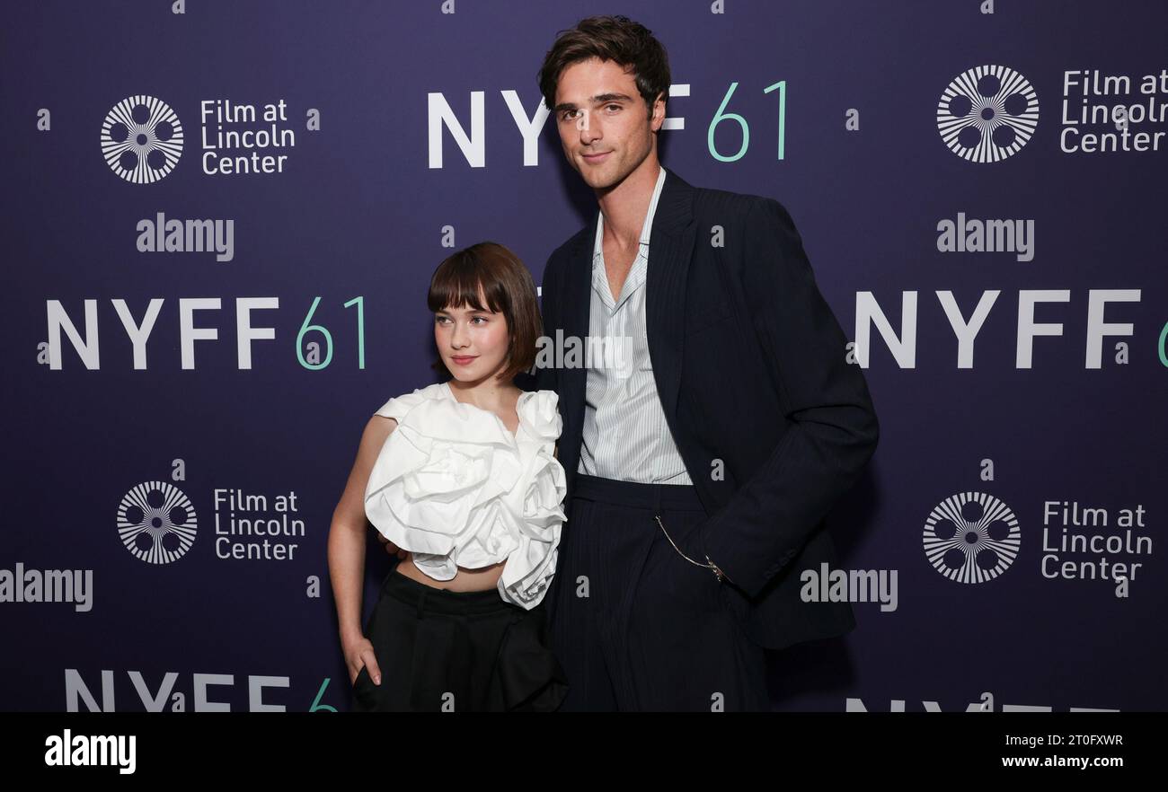 Cailee Spaeny, left and Jacob Elordi attend the premiere for "Priscilla ...