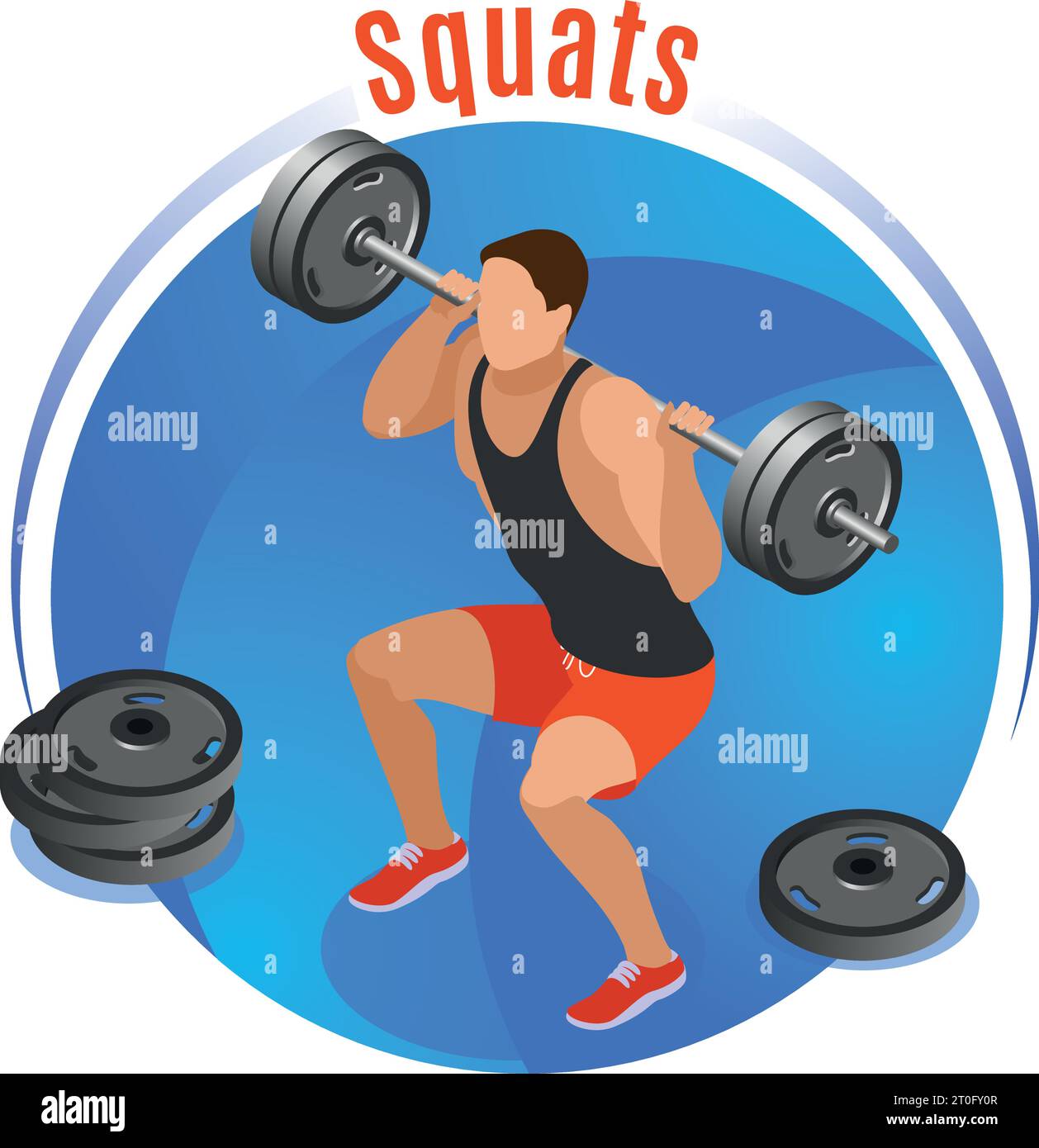 Man with barbell on shoulders during squats on blue round background ...