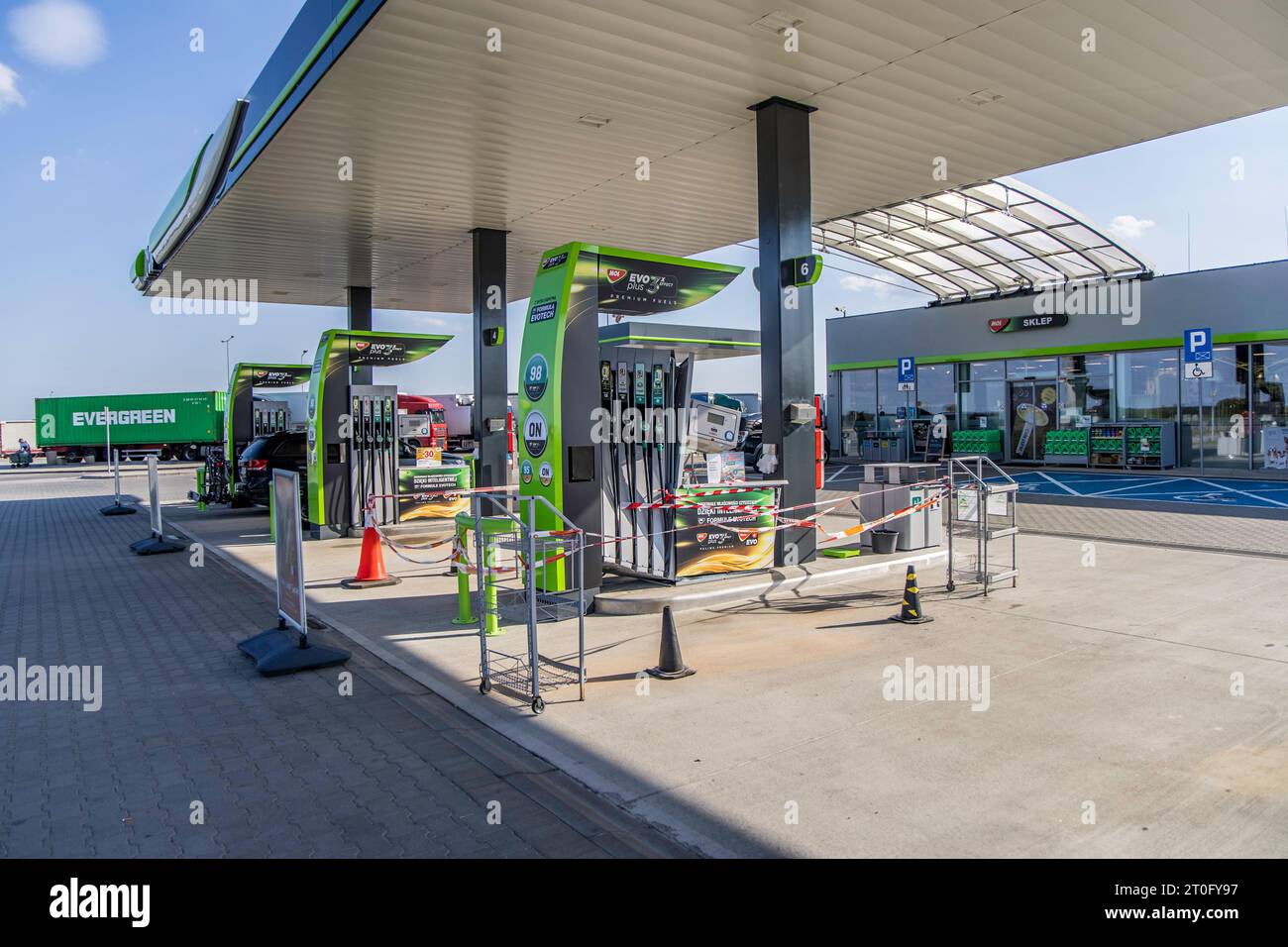 Lomza, Poland- July 15, 2023: MOL damaged petrol pump. Car crashed into ...