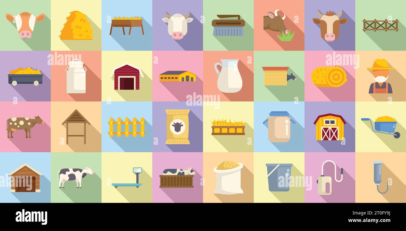 Breeding cows icons set flat vector. Cattle milk. Eat dairy animal ...