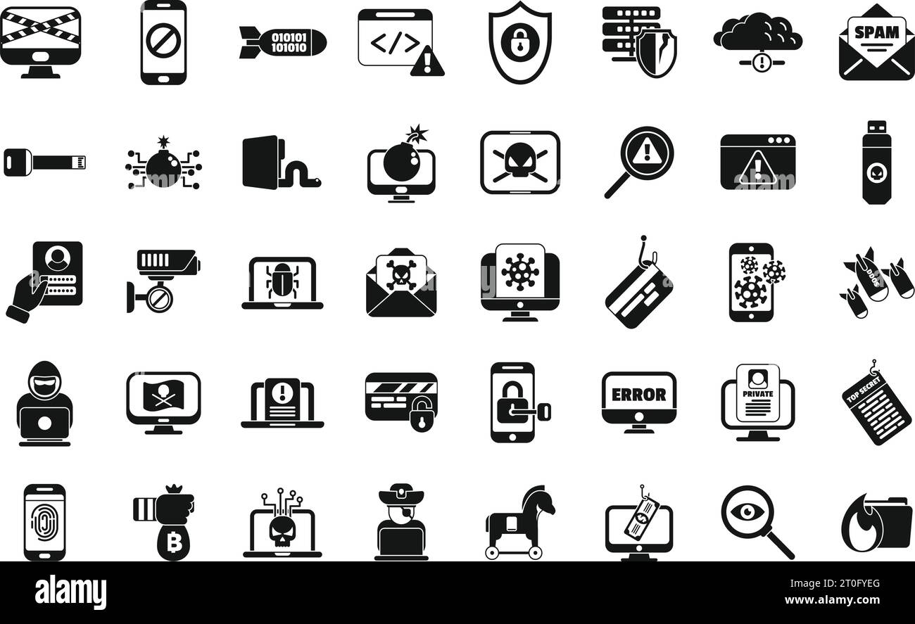 Cyber crime icons set simple vector. Crime bank. Scam email Stock ...