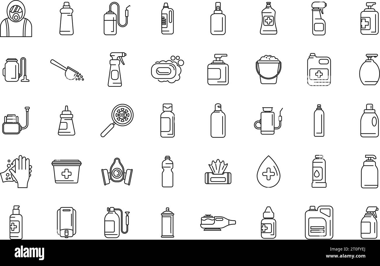 Disinfectant icons set outline vector. Clean spray. Safety cleaning ...