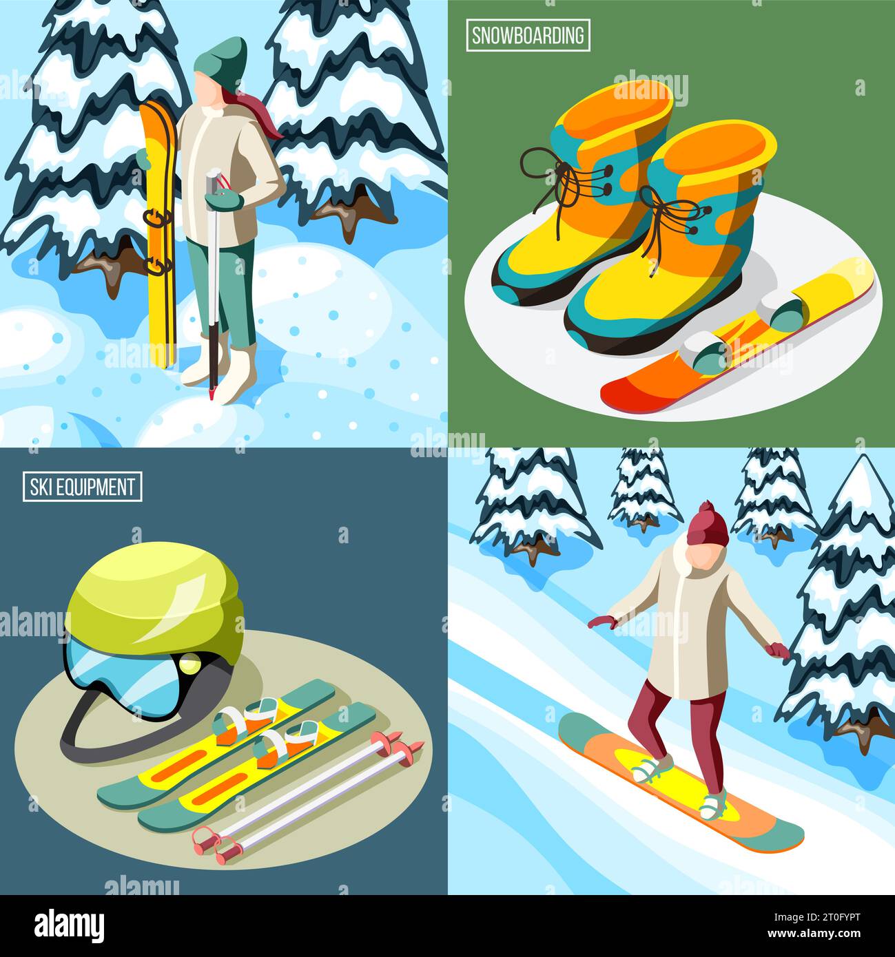 Ski resort isometric design concept skier with sports equipment and ...