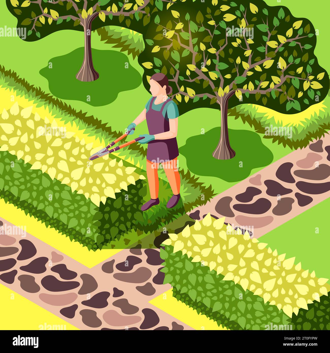 Gardener with tool during trimming of bushes beautiful landscaping with ...