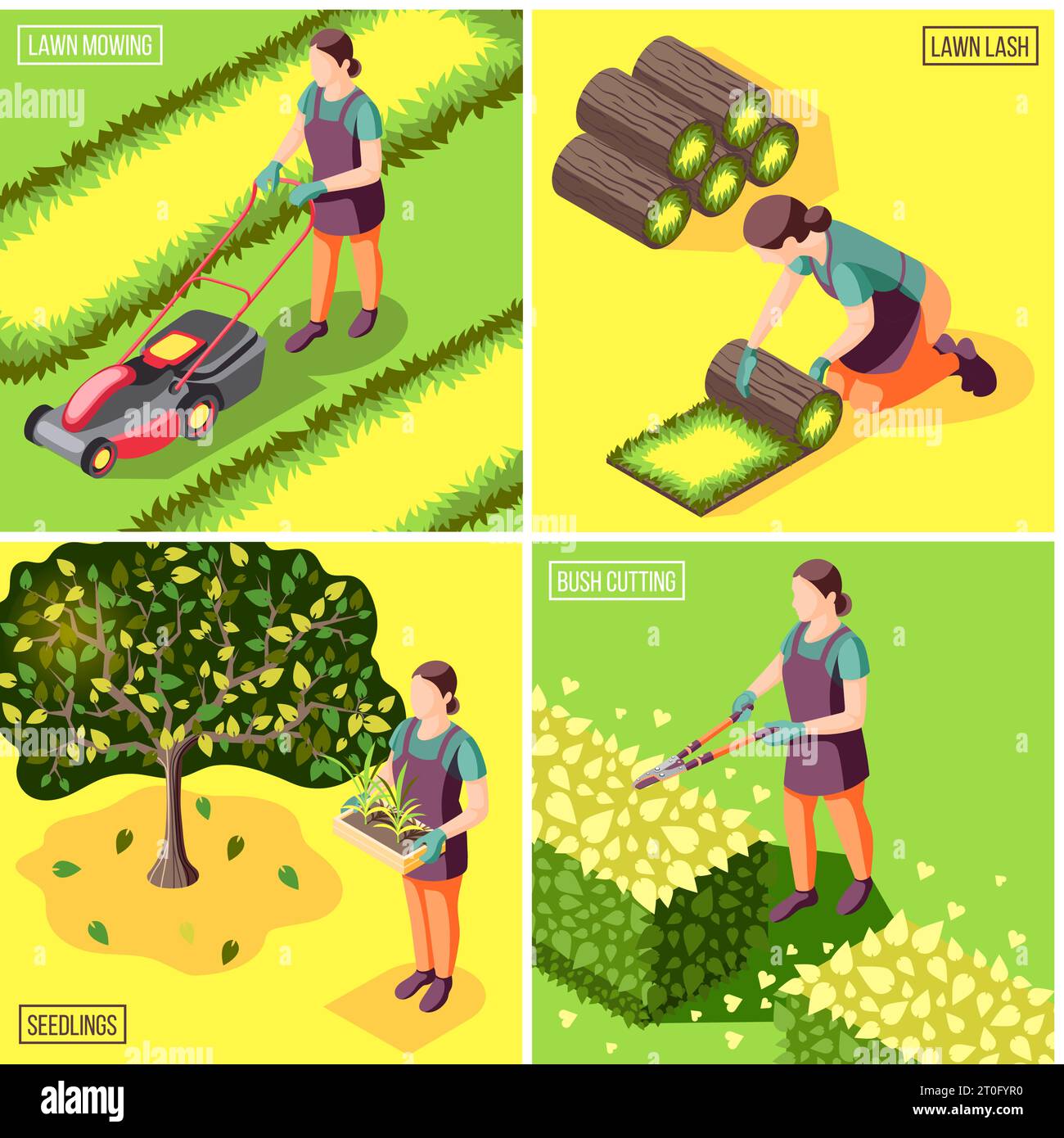 Landscaping isometric design concept with laying and mowing of lawn ...