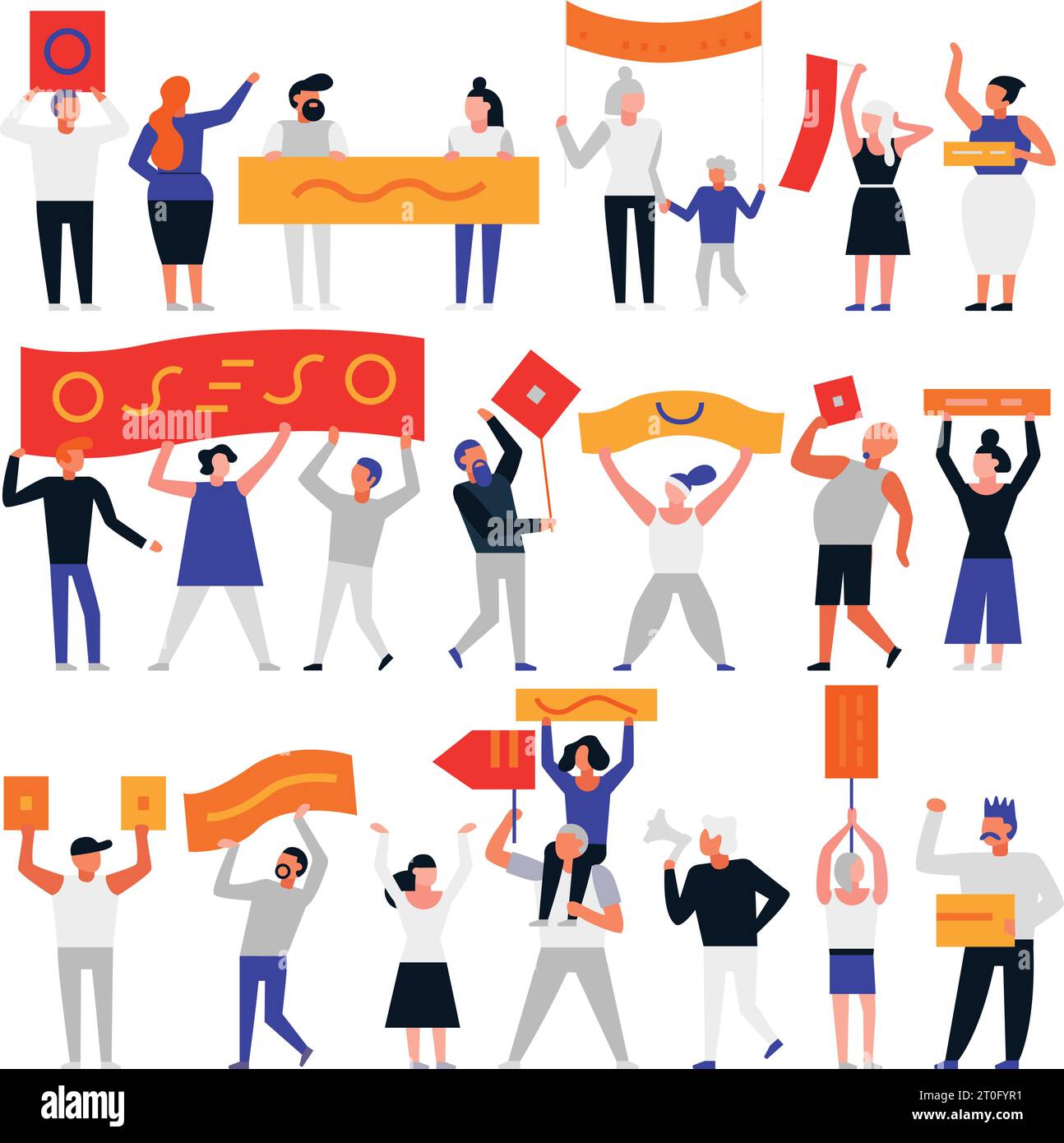 Set of protesting people with flags and placards isolated on white ...