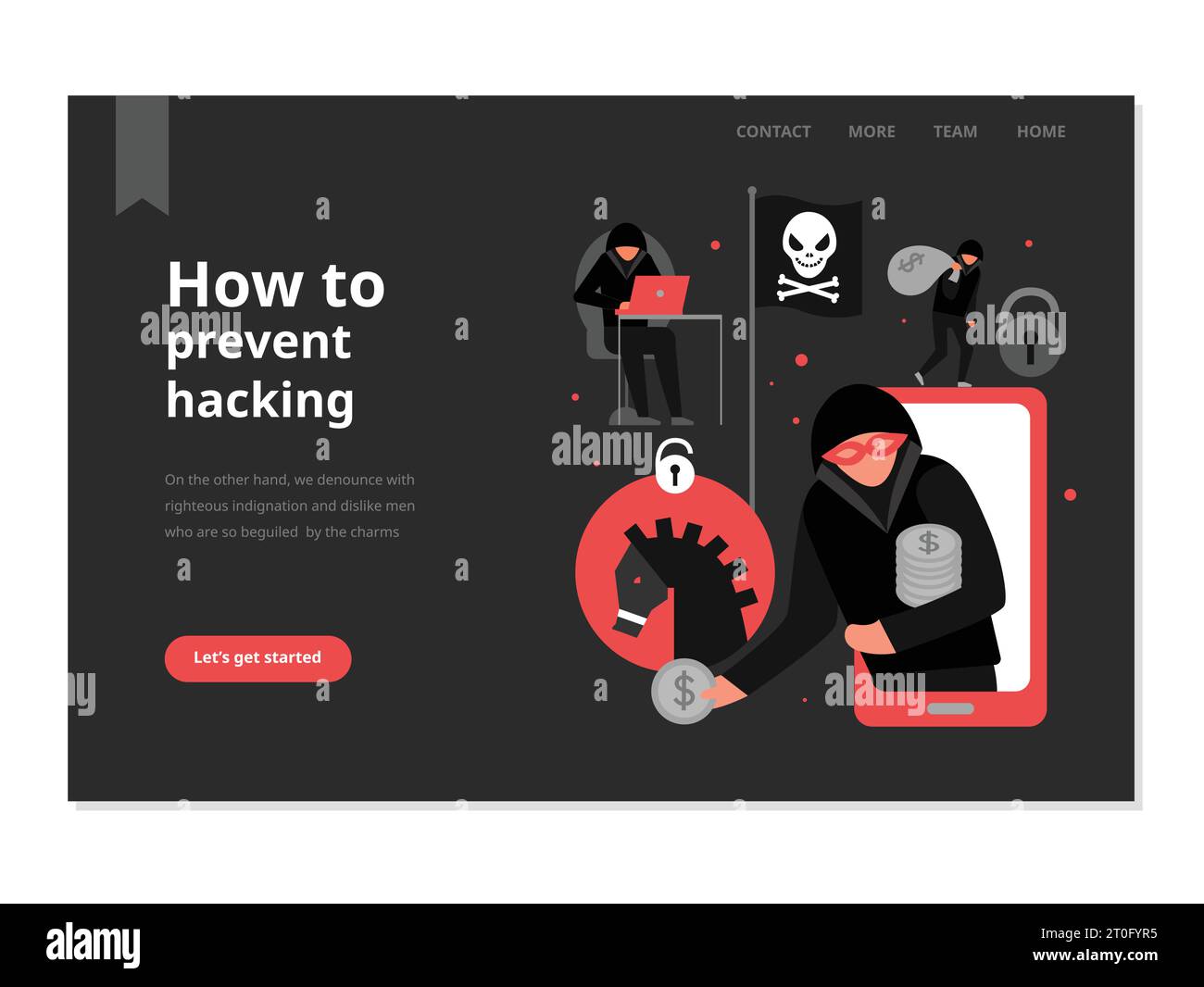 Protection from hacker attacks web page with menu on black background flat vector illustration ...