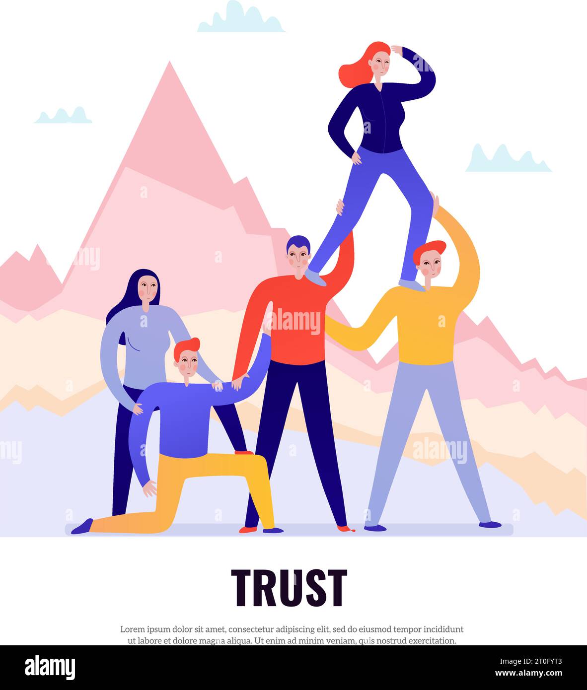 Teamwork flat design concept with people standing together and trusting ...