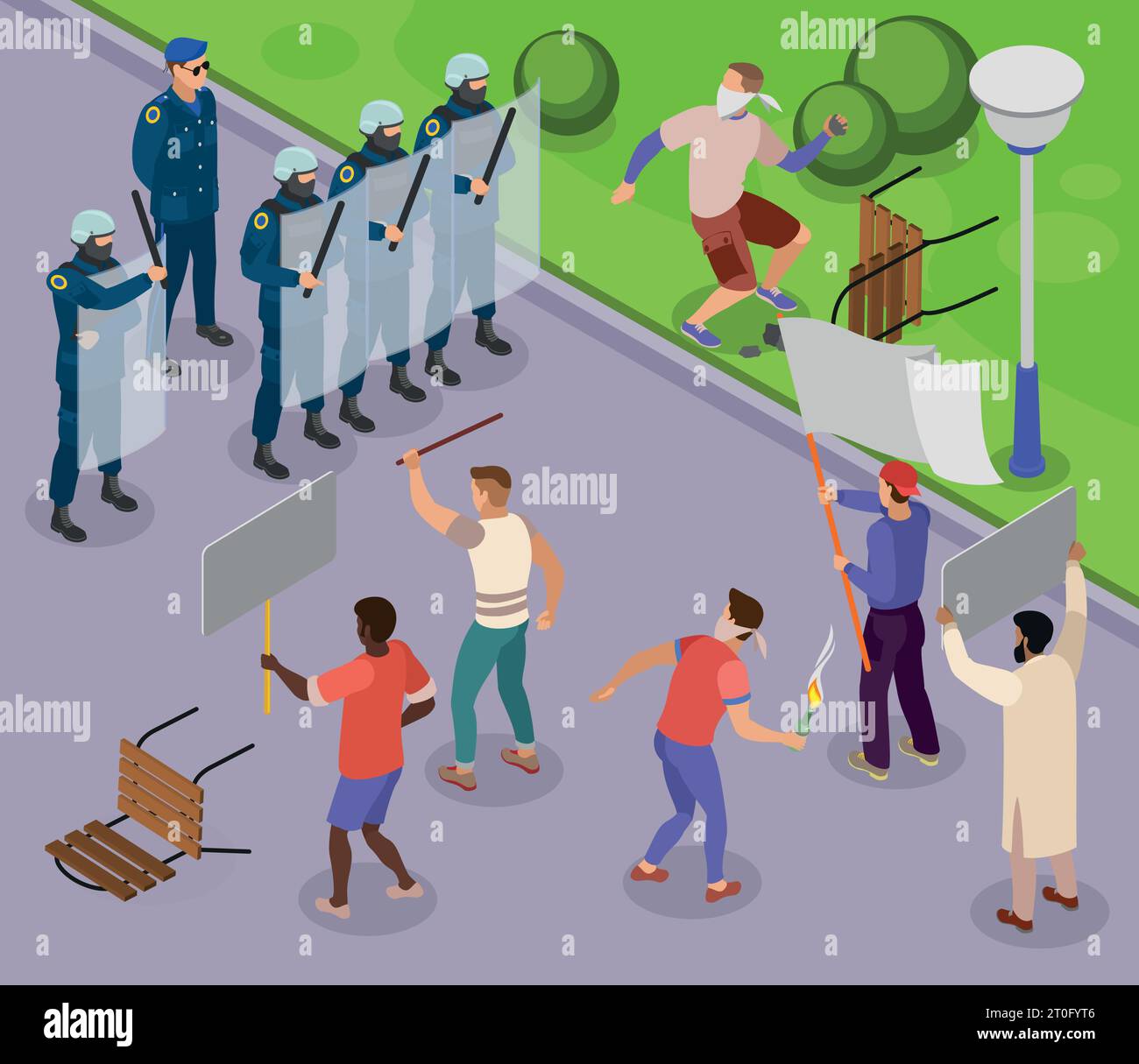 Activists isometric poster with teens using stones and molotov ...