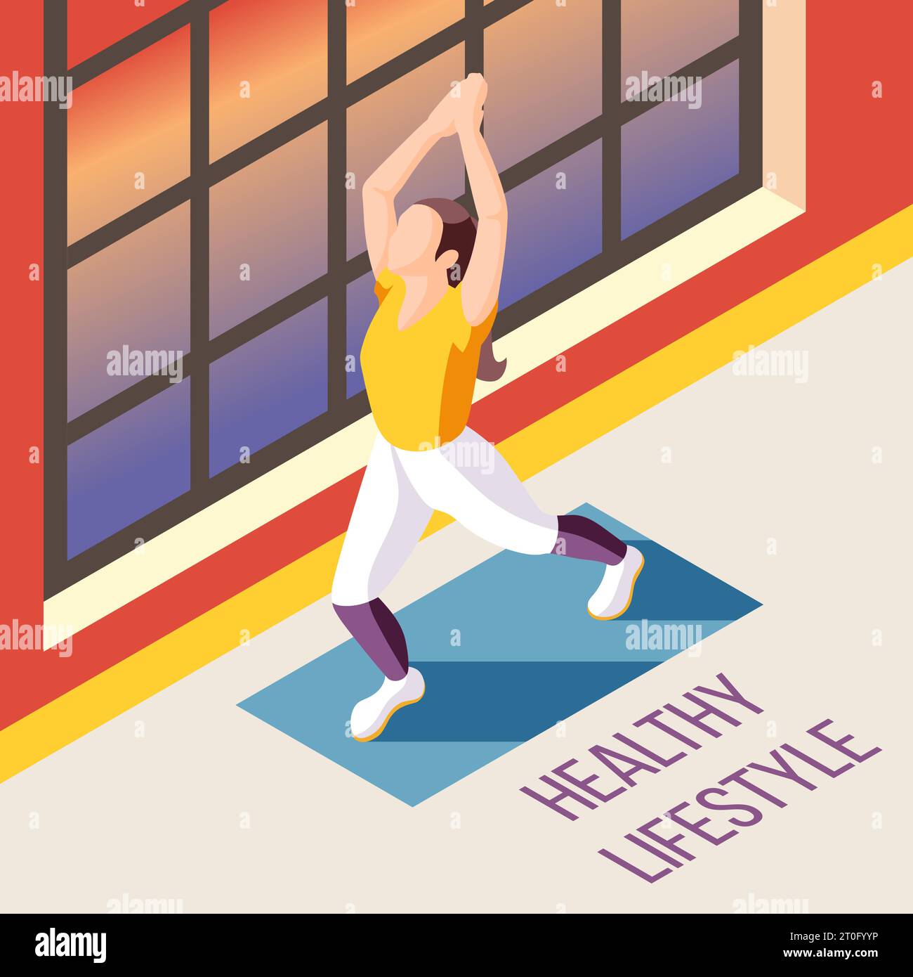 Healthy lifestyle isometric background with young woman performing ...