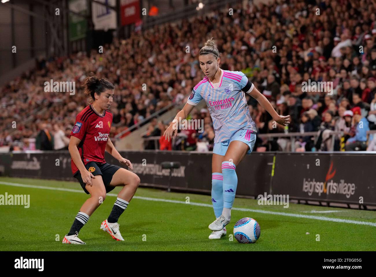 Leigh, UK. 06th Oct, 2023. Steph Catley #7 of Arsenal Women shields the ...