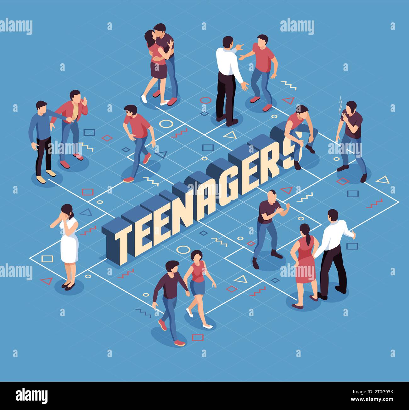 Isometric teenager schemeflowchart composition with 3d text and human ...