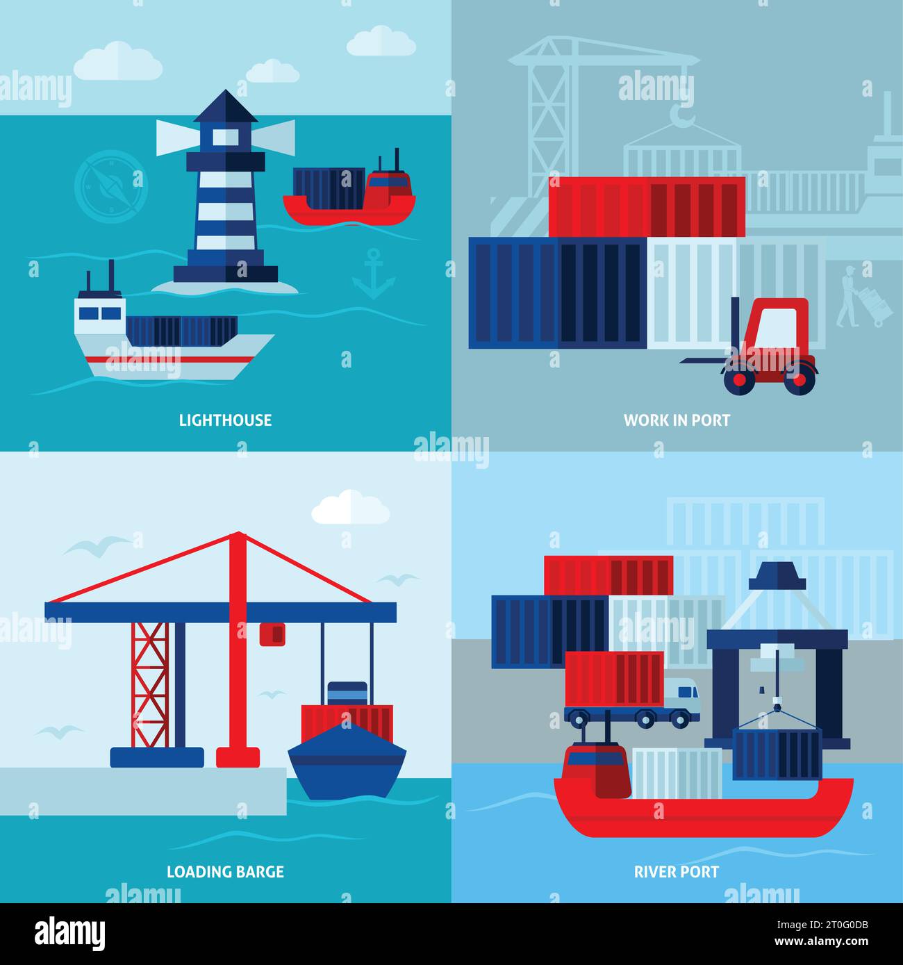 Flat color seaport concept with ships lighthouse and port facilities ...