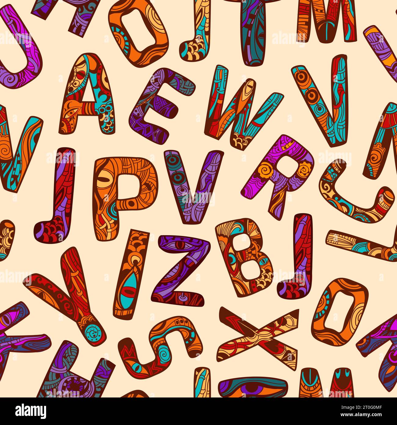 Zentangle alphabet seamless pattern with colored capital letters vector ...