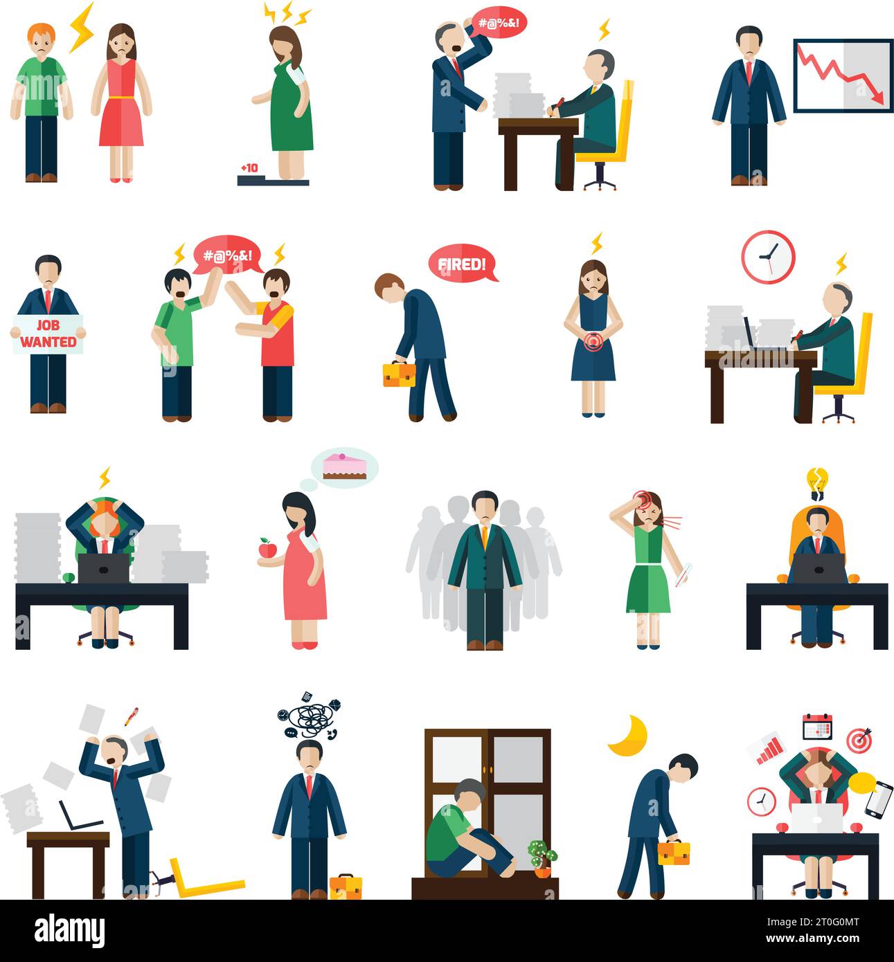 Work and job loss related stress and depression symptoms mental health icons set abstract ...