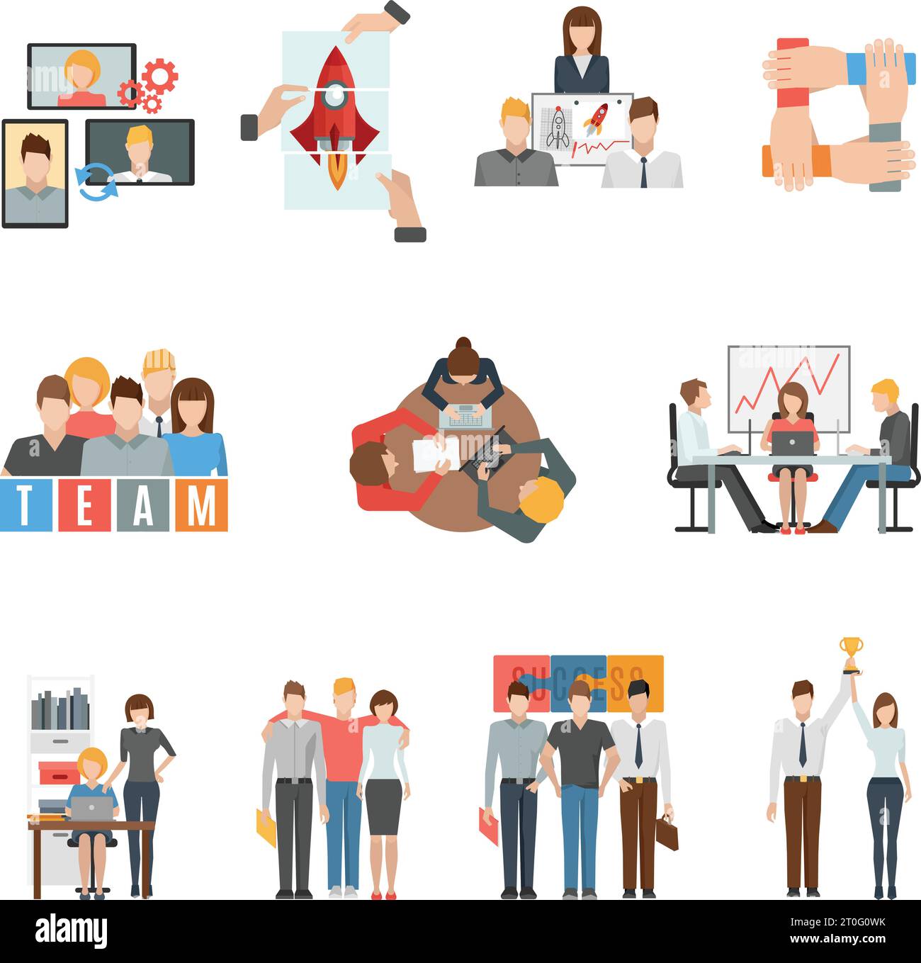 Teamwork effective management as way to success flat icons collection ...
