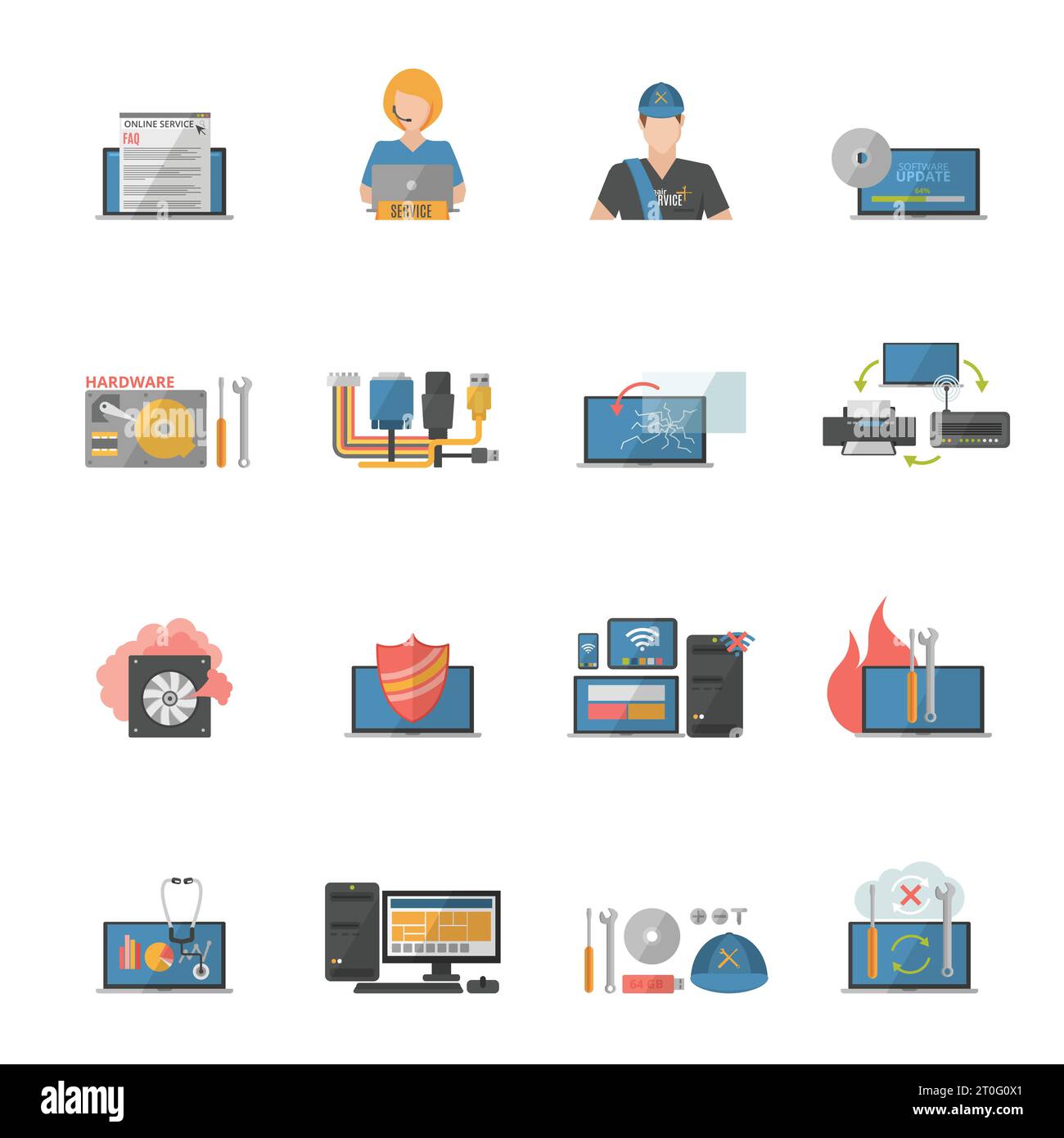 Computer repair icons set with hardware and software problems symbols ...