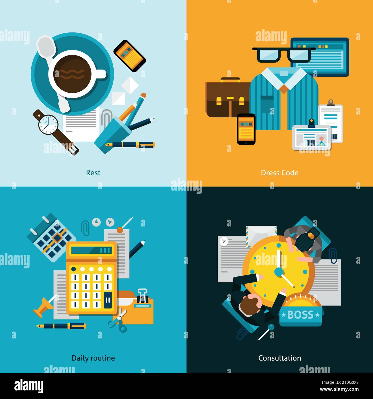 Office design concept set with daily routine flat icons isolated vector ...