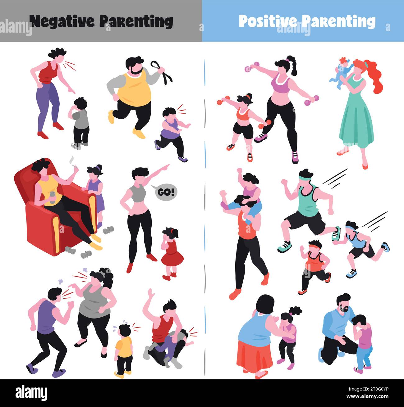 Parenting isometric icons set depicting positive and negative ways of ...
