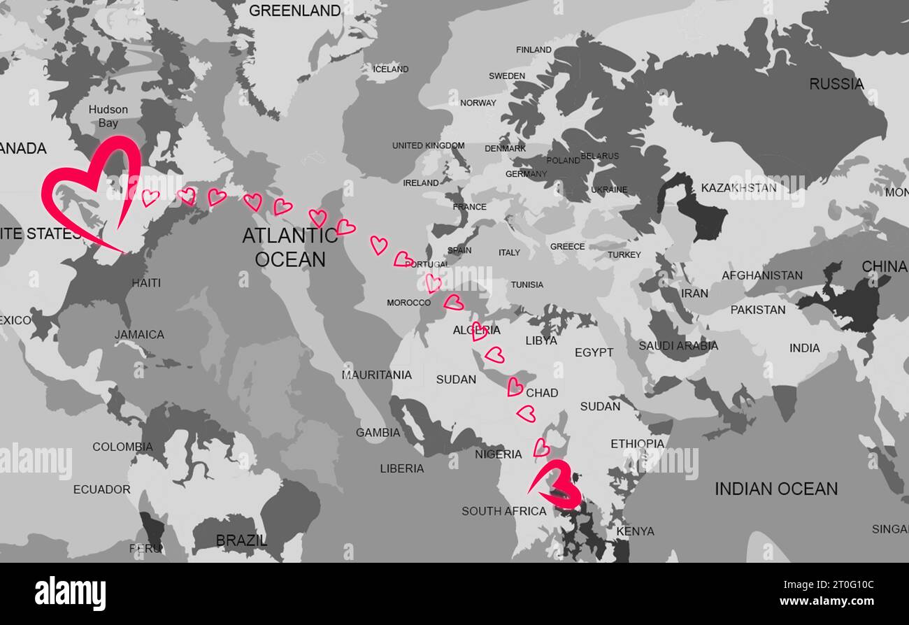 Love in long-distance relationship. Connecting line of pink hearts ...
