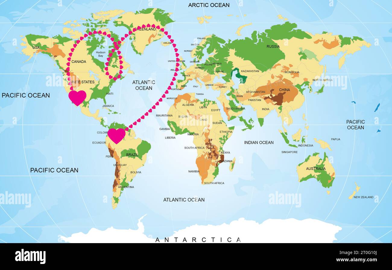 Love in long-distance relationship. Connecting line of pink hearts ...