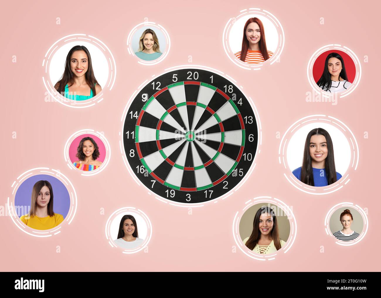 Target audience. Dartboard surrounded by photos of potential clients on ...