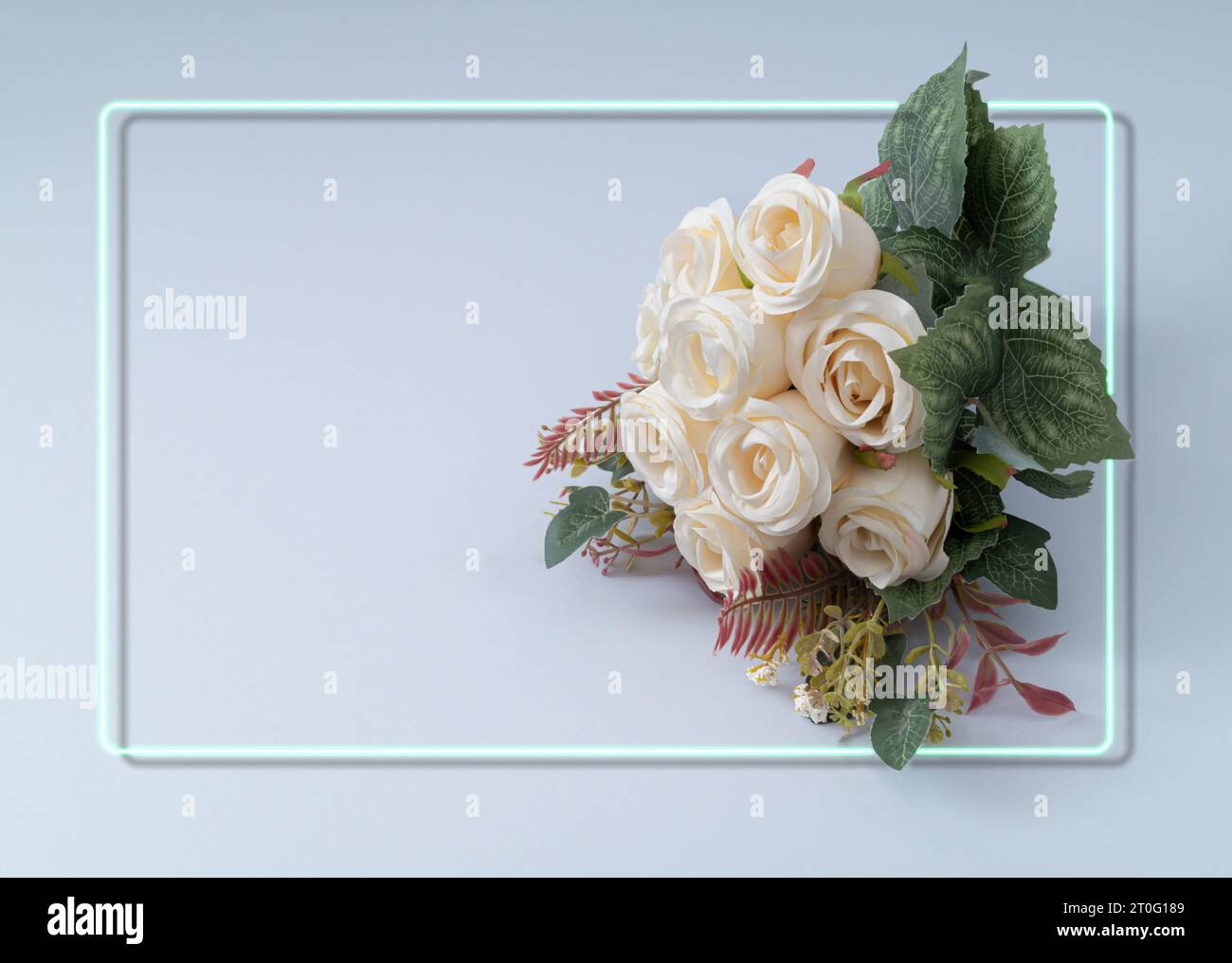 Creative fluorescent color layout made of white flowers. Flat lay neon ...