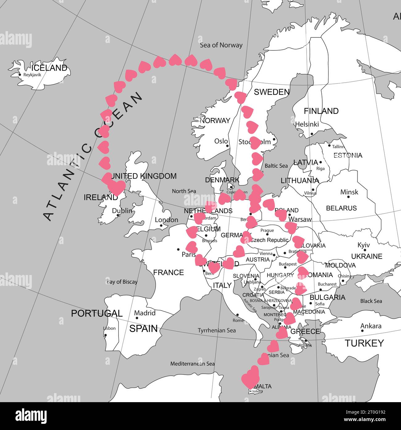 Love in long-distance relationship. Connecting line of pink hearts ...