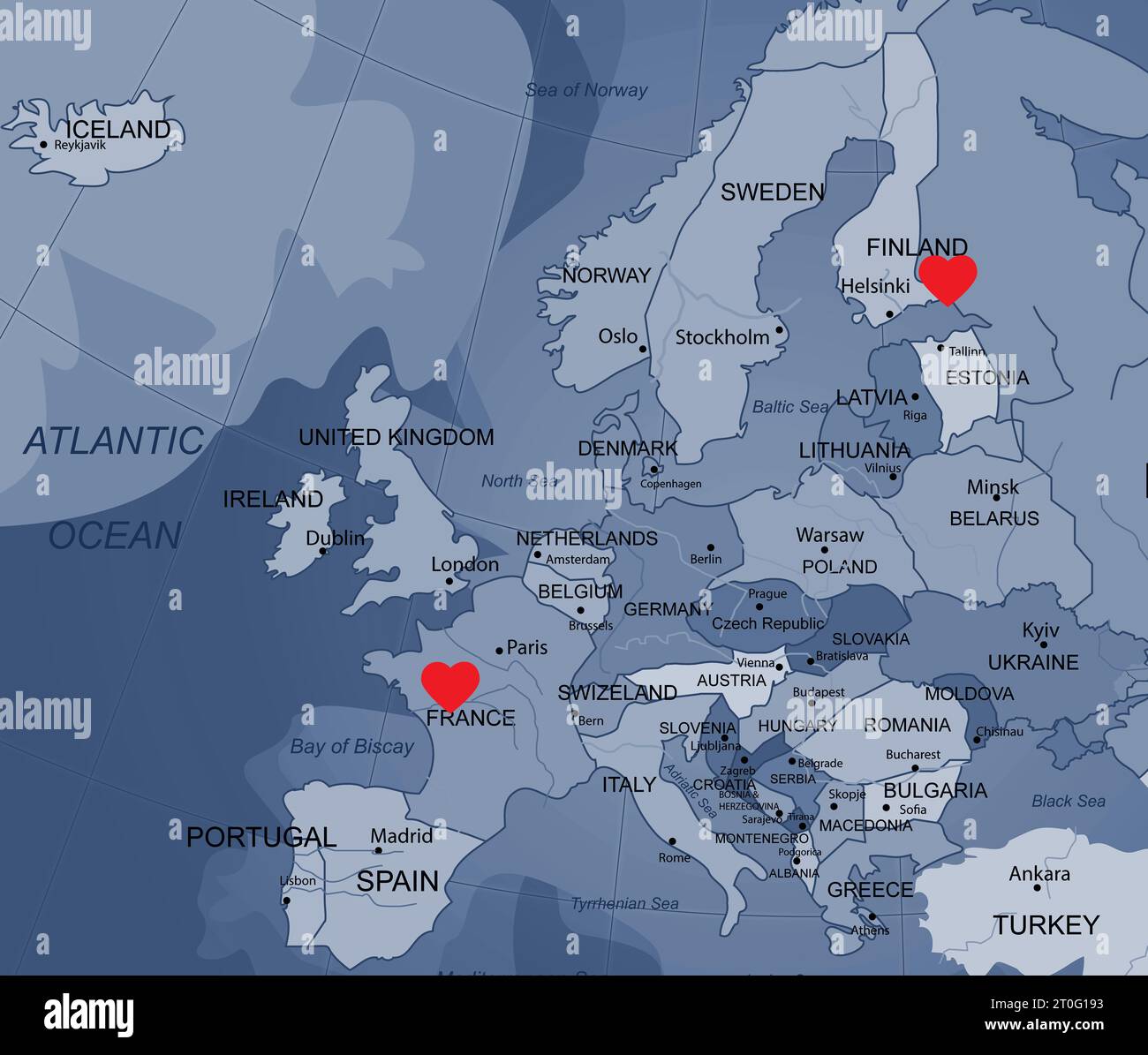 Red hearts on map of Europe symbolizing connection and love in long ...