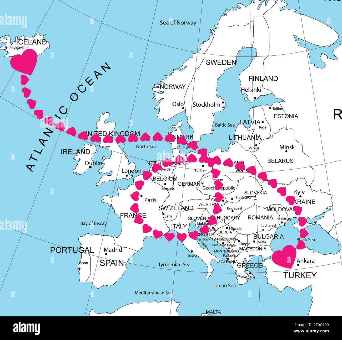 Love in long-distance relationship. Connecting line of pink hearts ...