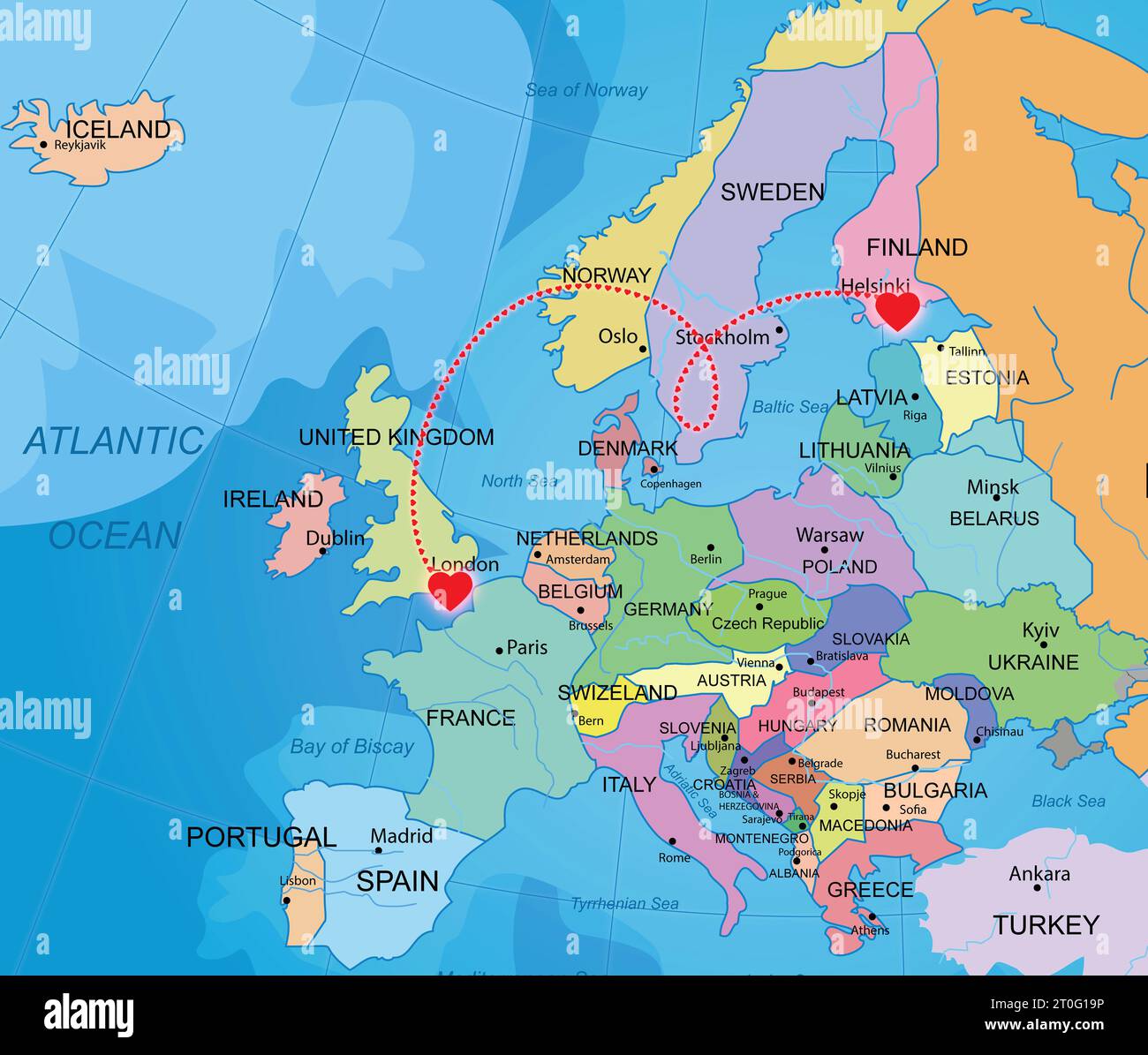 Love in long-distance relationship. Connecting line of red hearts ...