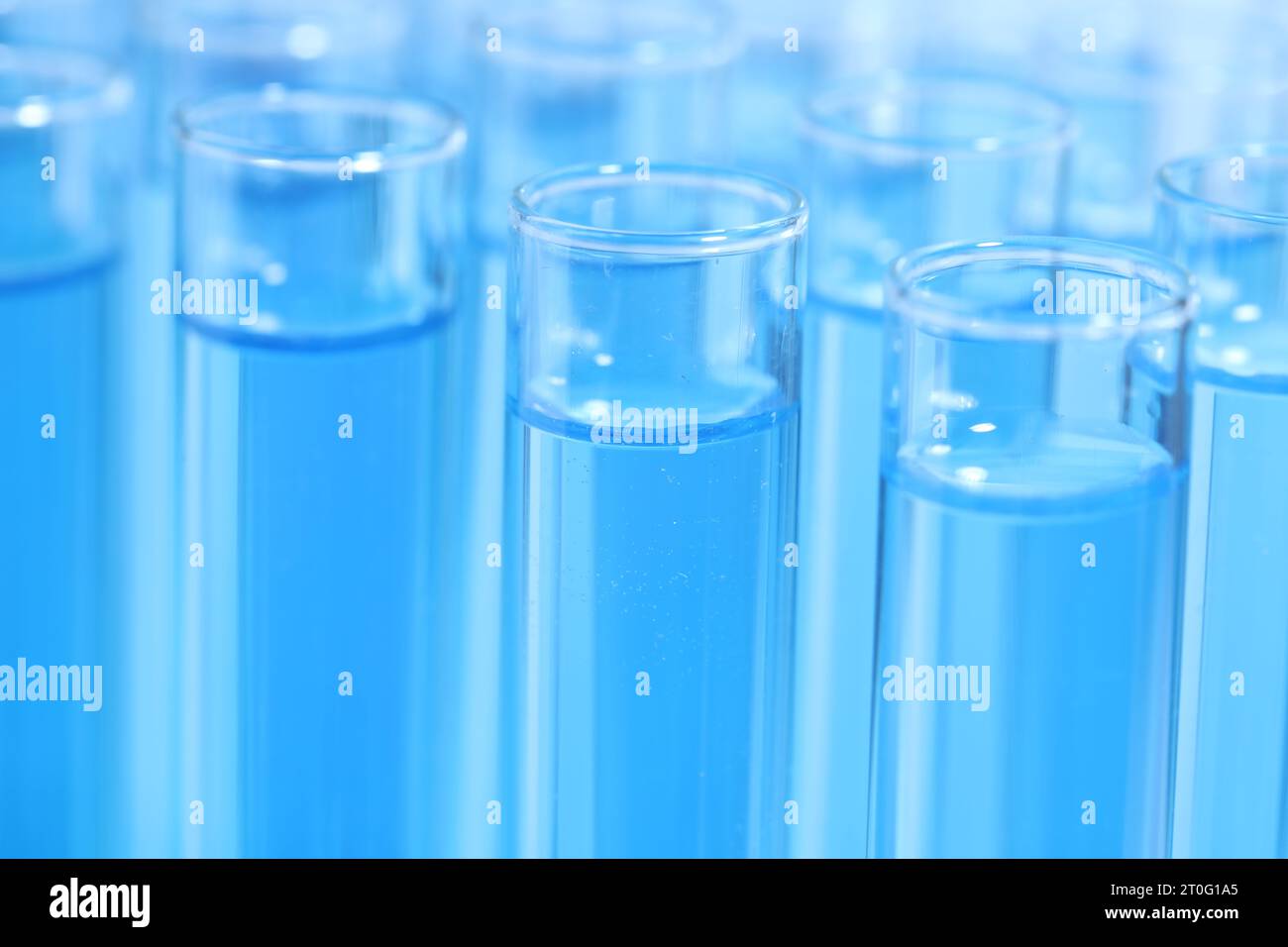 Test tubes with light blue reagents, closeup. Laboratory analysis Stock ...