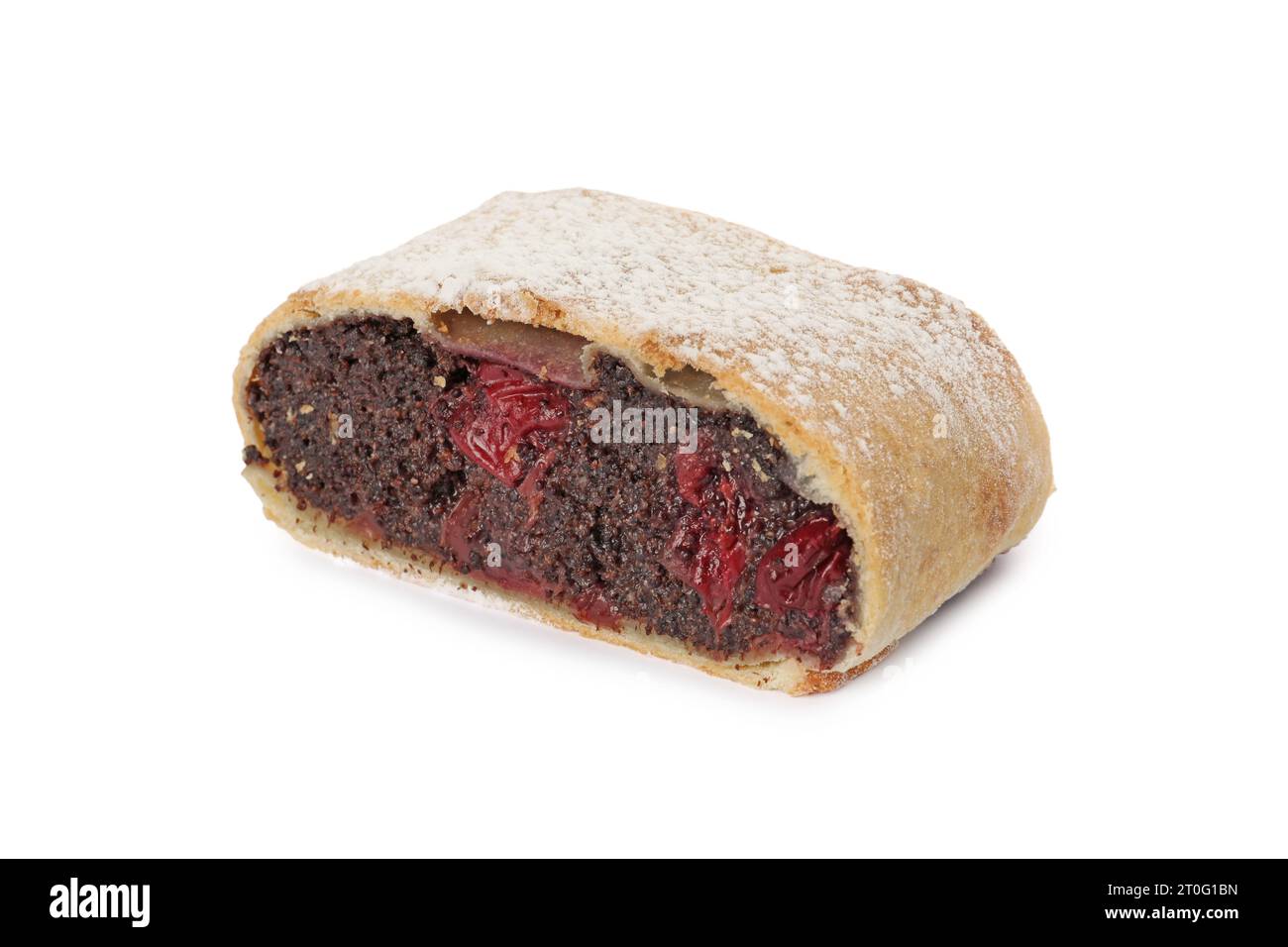 Delicious cut strudel with cherries and poppy seeds isolated on white ...