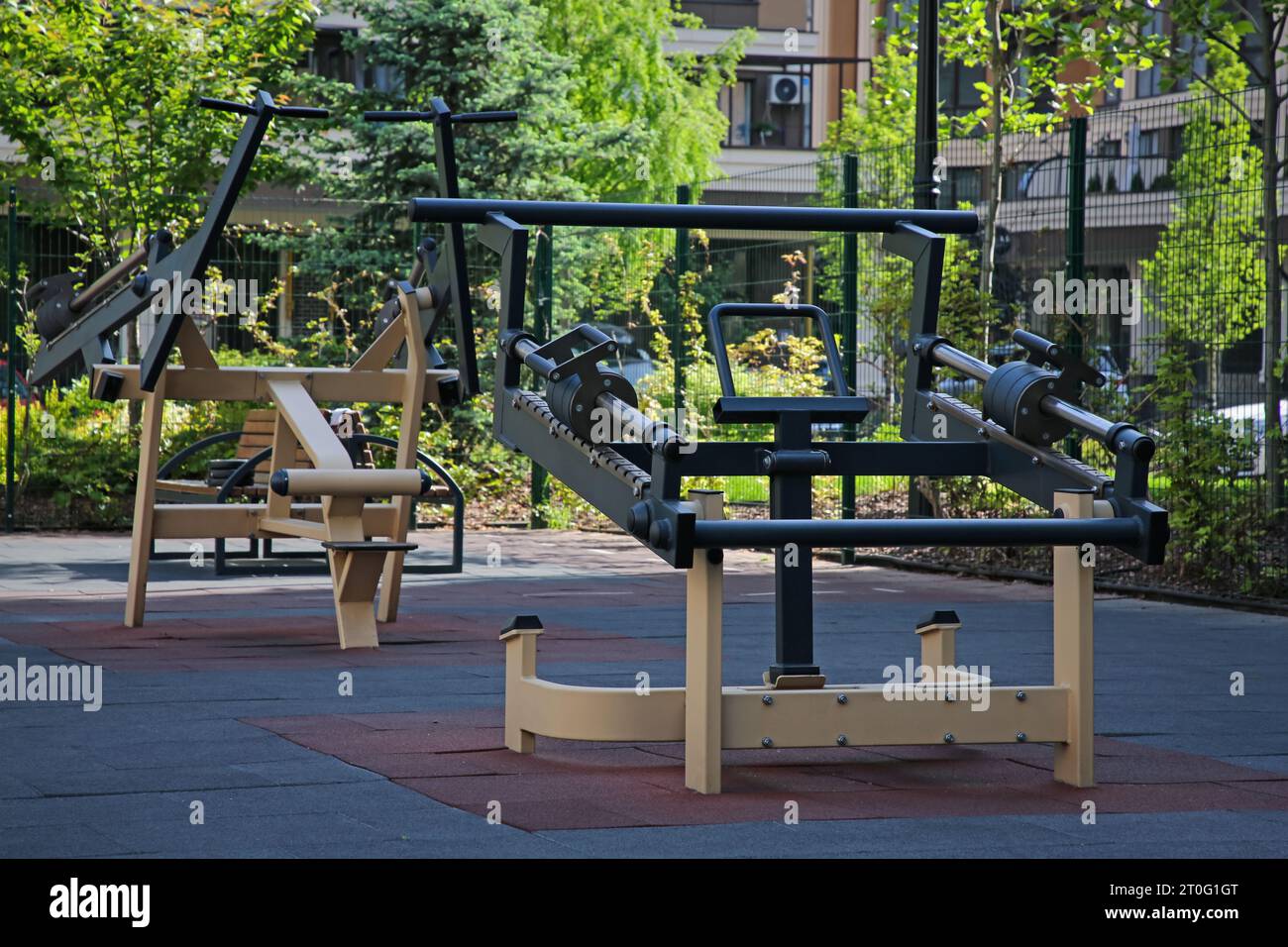 Empty outdoor gym with exercise simulator in residential area Stock ...