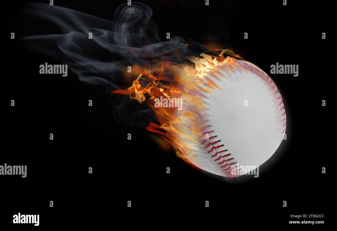 Burning baseball ball flying at high speed on black background Stock ...