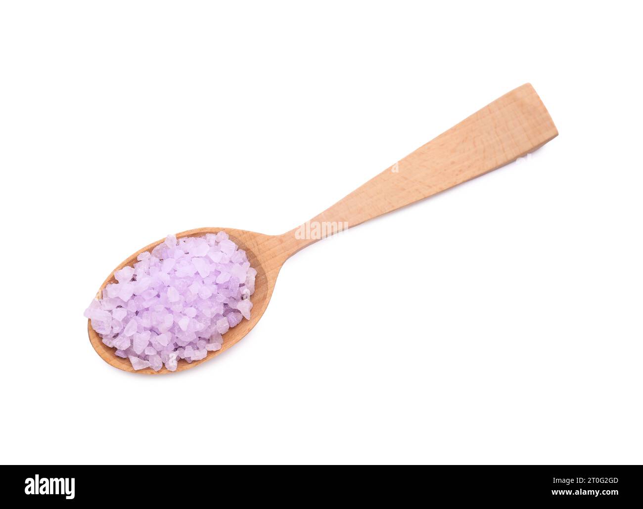 Wooden spoon with violet sea salt isolated on white, top view Stock ...