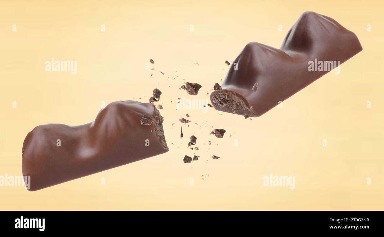 Broken chocolate bar in air on beige background, banner design Stock ...