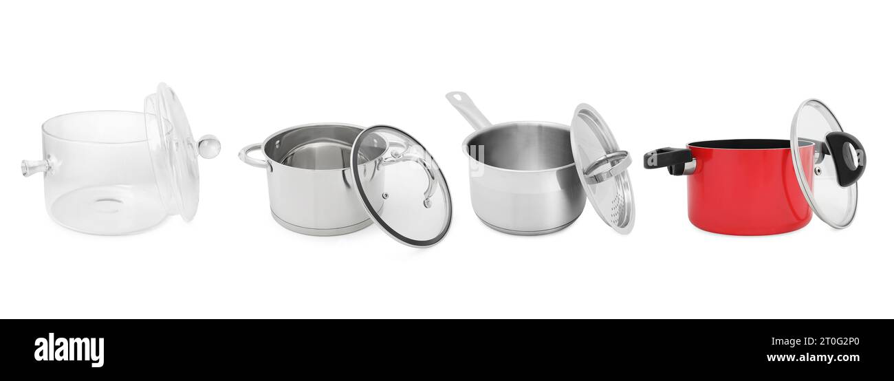 Set with different pots isolated on white Stock Photo - Alamy